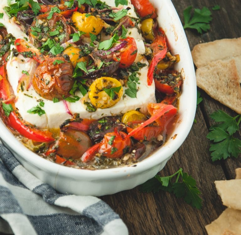 Baked Feta Appetizer with Tomatoes with Olives - Feasting not Fasting