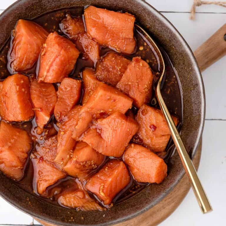 Crispy, Saucy Honey Garlic Salmon Bites in a Skillet - Feasting not Fasting