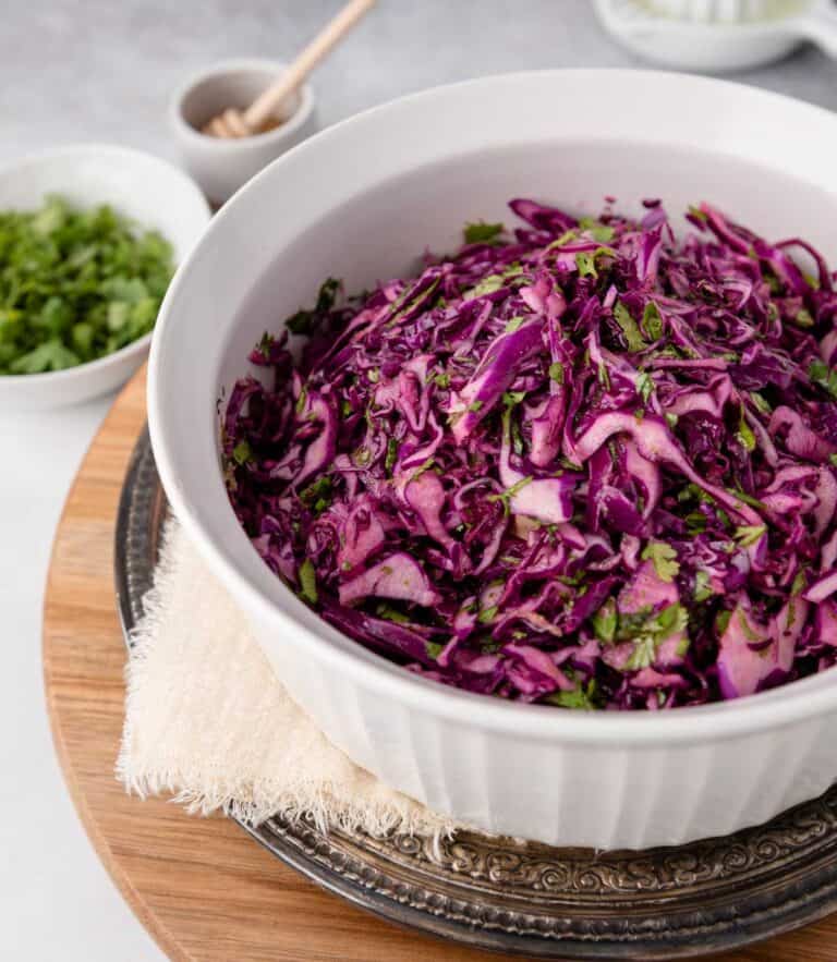 Easy Cilantro Lime Red Cabbage Slaw (Fish Tacos) - Feasting not Fasting